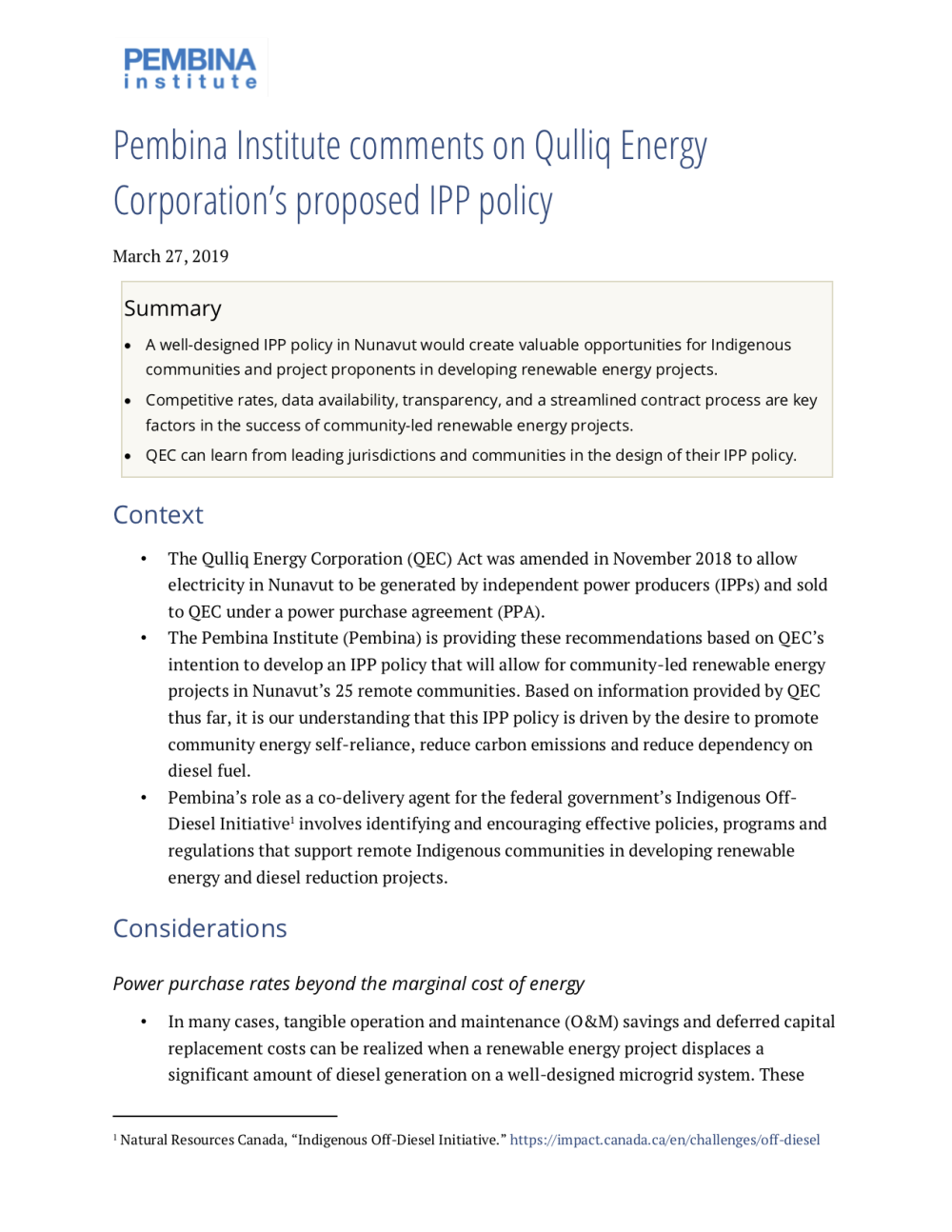 Comments on Qulliq Energy Corporation’s proposed IPP policy | Pembina ...