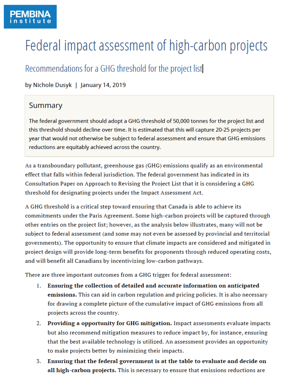 Federal impact assessment of high-carbon projects | Pembina Institute
