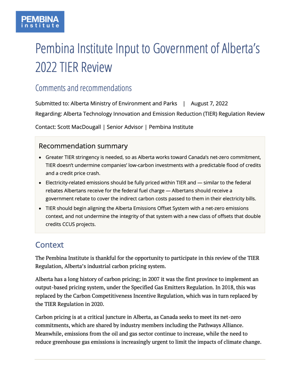Pembina Institute Input to Government of Alberta’s 2022 TIER Review ...