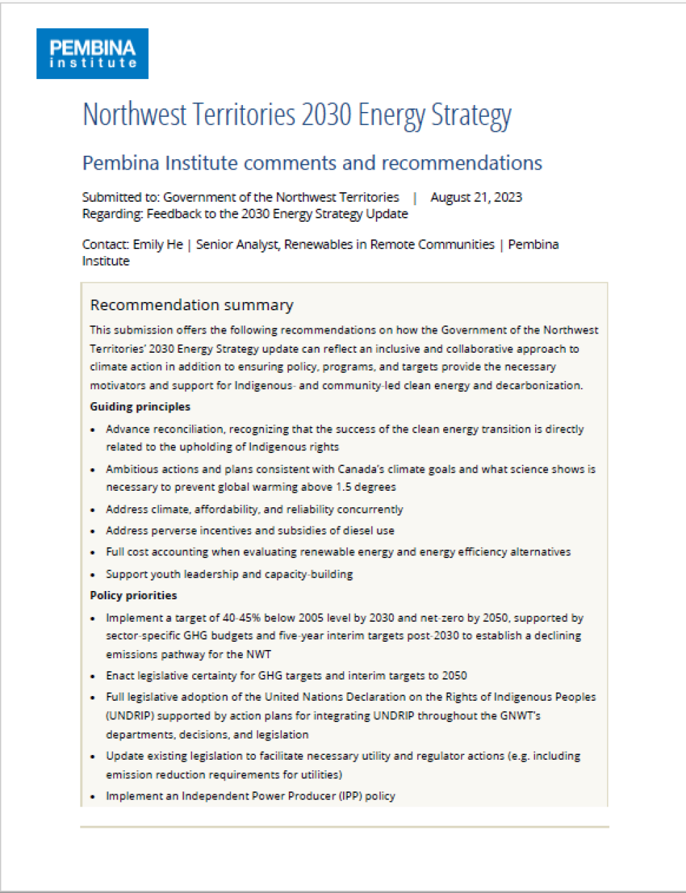 Recommendations on the Northwest Territories 2030 Energy Strategy | Pembina Institute