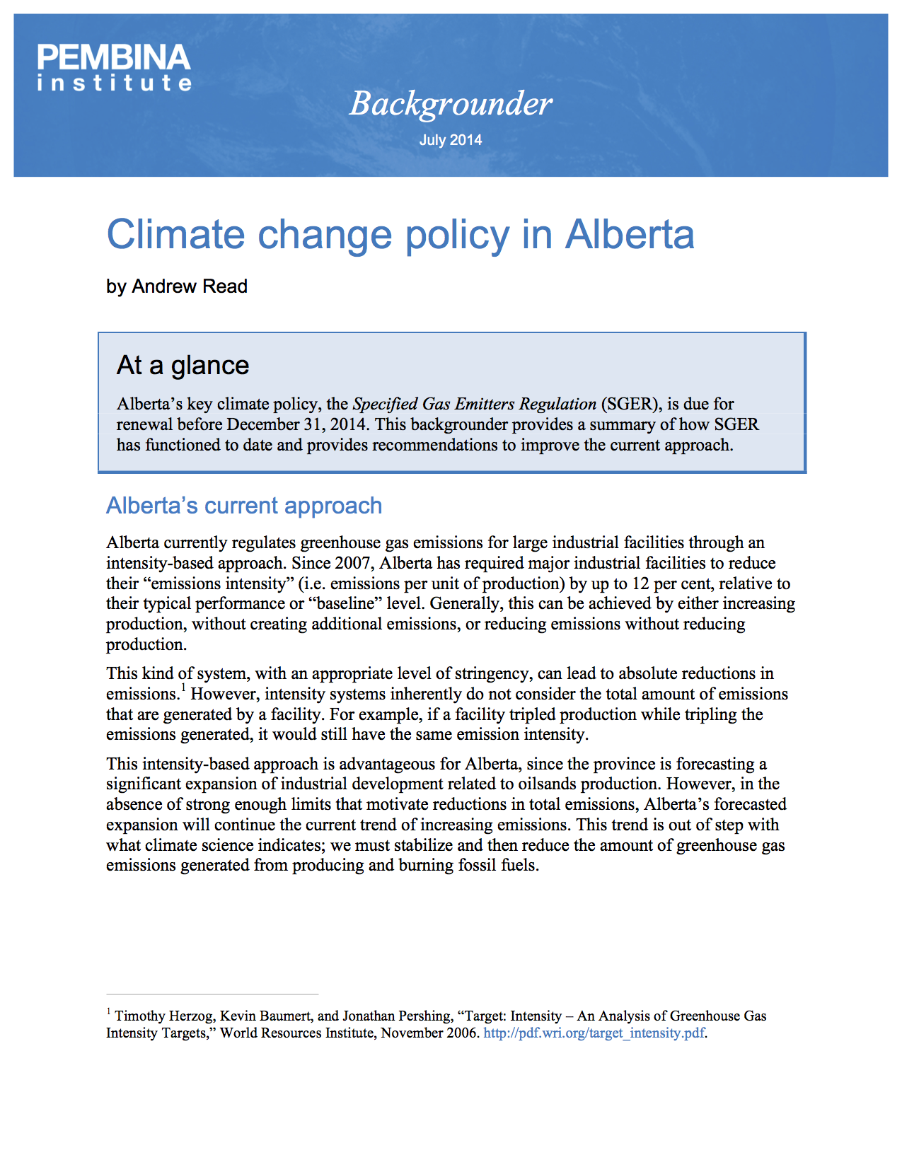 Climate change policy in Alberta | Pembina Institute