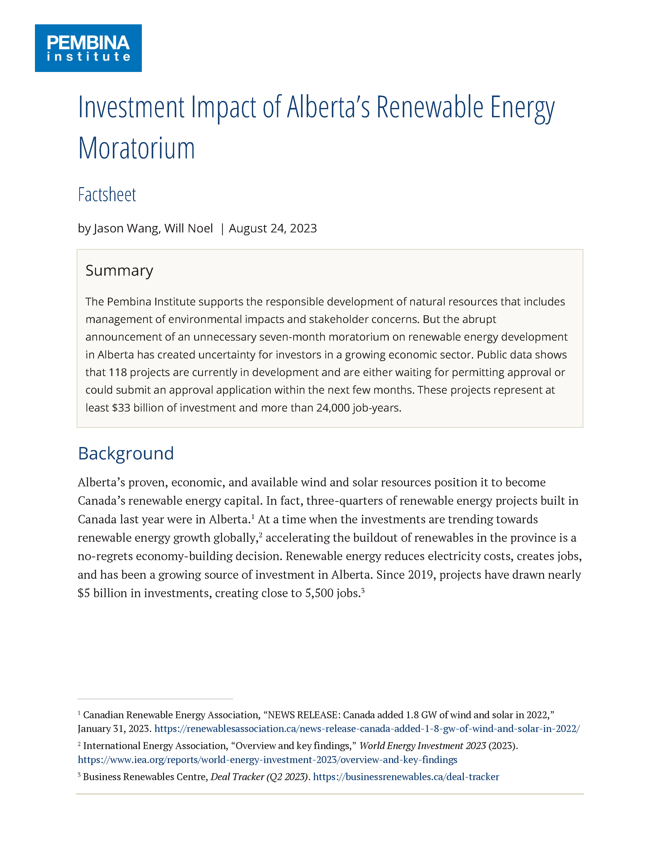 Investment Impact of Alberta's Renewable Energy Moratorium