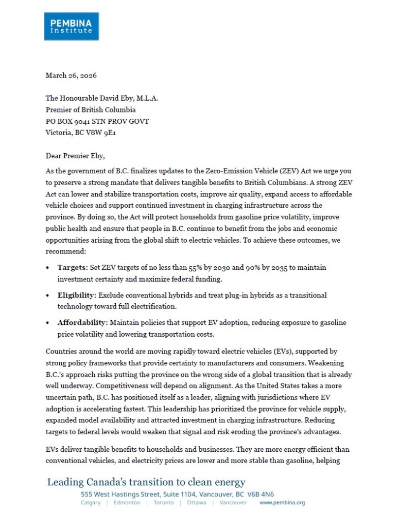 Letter to Premier David Eby on maintaining strong zero-emission vehicle ...