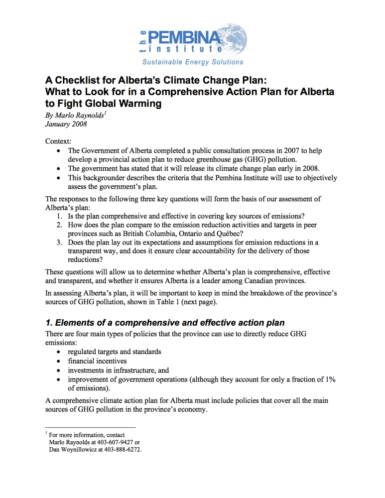 A Checklist for Alberta's Climate Change Plan