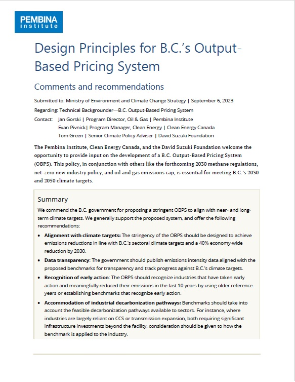 Design Principles for B.C.'s Output-Based Pricing System