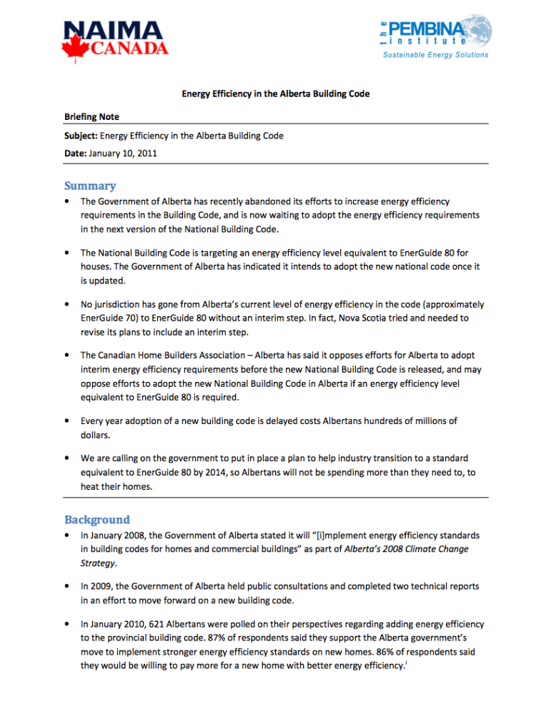 Energy Efficiency in the Alberta Building Code | Pembina Institute
