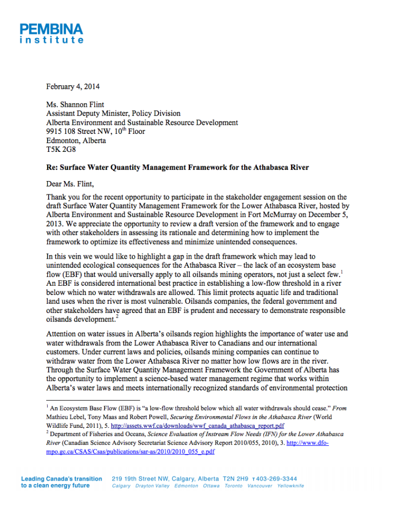 Letter to Alberta governmet re: ecosystem base flow