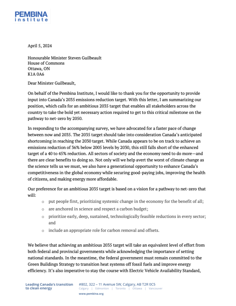 Letter to Minister Guilbeault about 2035 emissions target
