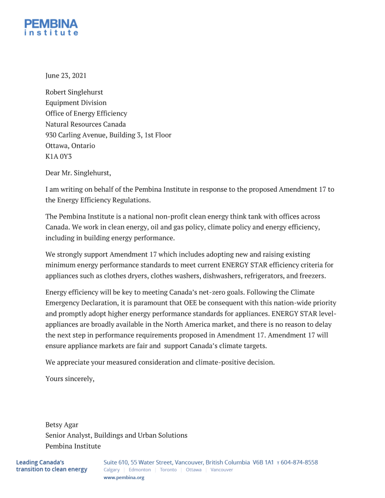 Letter to NRcan re energy efficient appliances