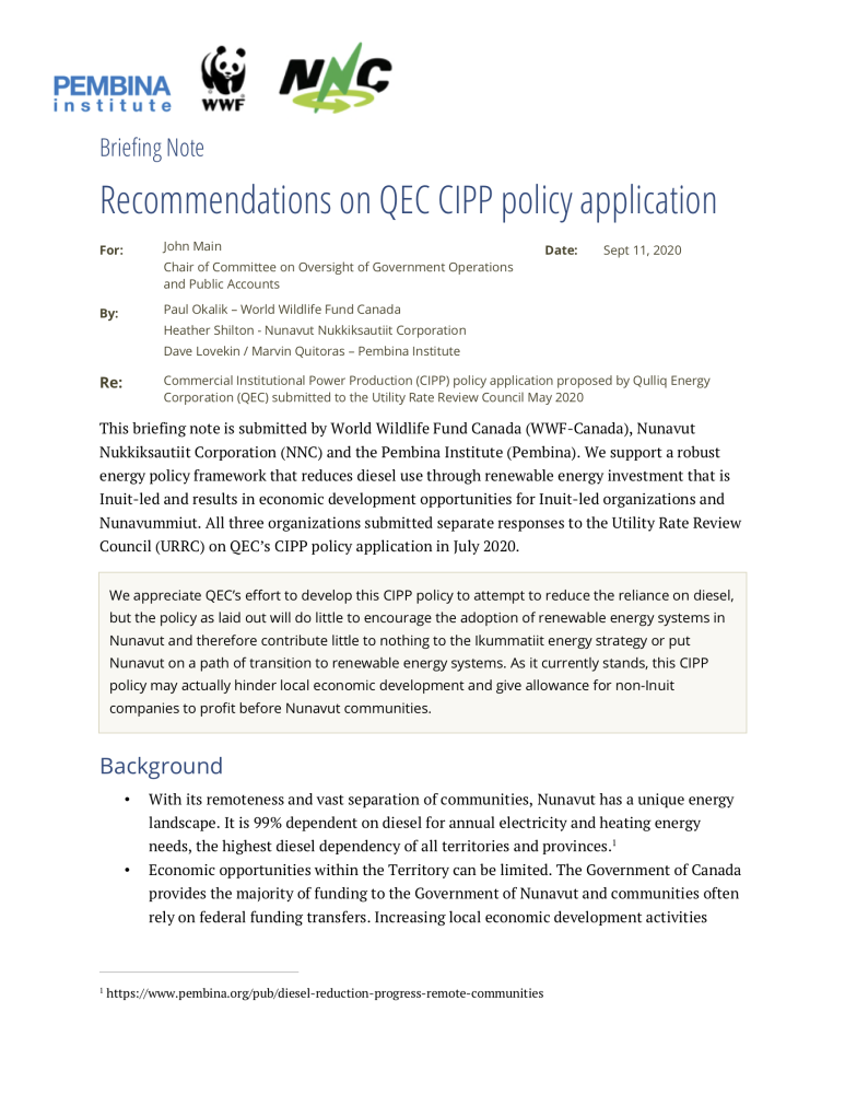 Recommendations on QEC CIPP policy application